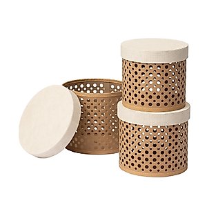 LA JOLIE MUSE Decorative Round Storage Boxes Set of 3, Polka Dot Cutout Baskets with Lids, Desktop Storage Organizer, Gift Baskets with Linen Paper Lids, Brown Baskets, Beige Lids