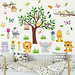 Cartoon Animal Wall Stickers Forest Tree Animal Wall Stickers Jungle Animal Wall Decals Woodland Animal Wall Decals Cute Zoo Animal Wall Stickers for Kids Room Playroom Nursery Decor