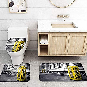 4 Pcs Shower Curtain Set with 12 Hooks, Black and White London Cityscape Yellow Telephone Box Bathroom Decor Sets with Non-Slip Bath Mat Toilet Lid Cover, Waterproof Shower Curtain and Rugs Set