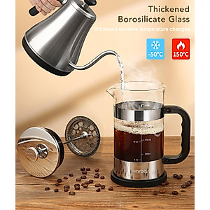 French Press Coffee Maker - 21OZ Classic Glass Coffee Press, Heat-resistant Borosilicate Glass Coffee Pot with 4-Level Disassemble Filters, Portable Cold Brew Coffee Maker for Travel Home Gift(Sliver)