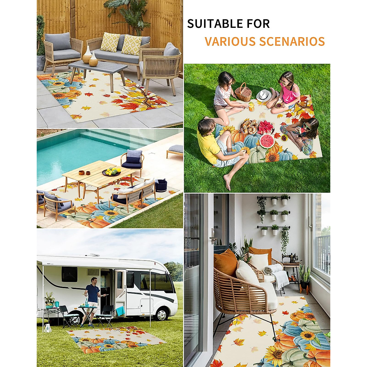 Thanksgiving Fall Outdoor Rugs for 5'x8' Patios Clearance, RV Camping Mat Rug Portable Outside Rug Indoor Outdoor Area Rug Mat for Beach Deck Pool Pumpkin Autumn Maple Leaves