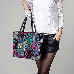Womens Handbag Leopards Leaves Palm Flowers Pattern Leather Tote Bag Top Handle Satchel Bags For Lady