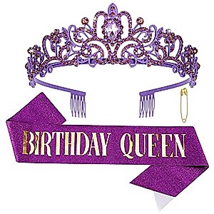 CIEHER Purple Birthday Sash & Queen Crown Kit, Purple Birthday Decorations, Purple Crown, Purple Tiara, Purple Crowns for Women Girls, Purple Birthday Crown Tiara, Birthday Crown and Sash, Purple Birthday Gifts for Women, Purple Happy Birthday, 16th 18th