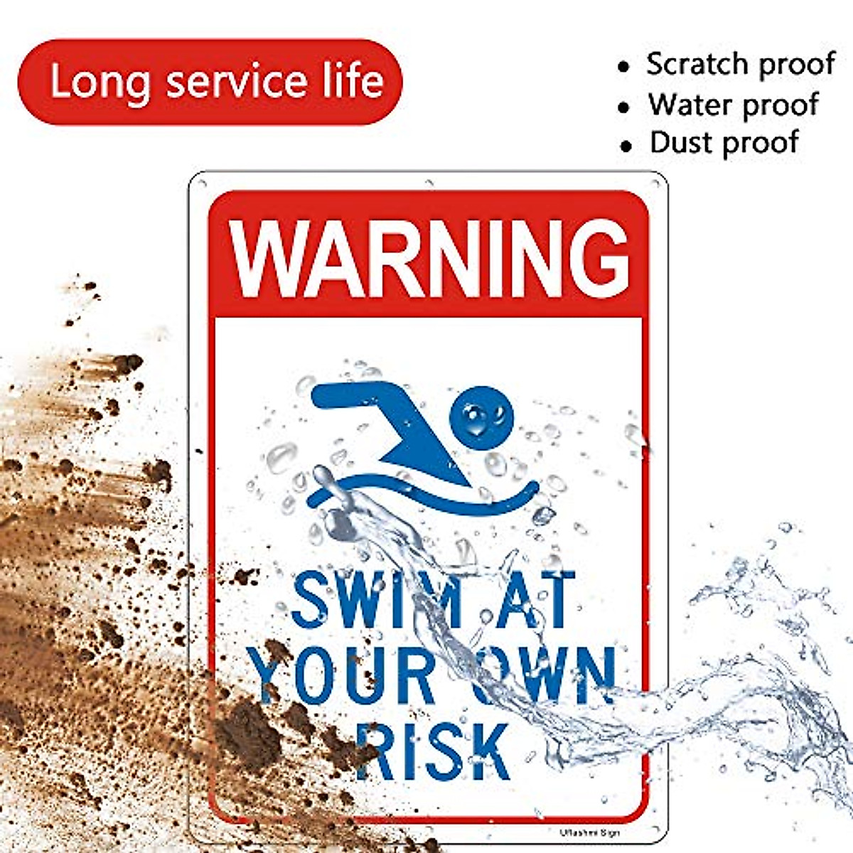 Uflashmi Warning Swim at Your Own Risk Pool Sign, Metal Pool signs for Outdoor, 10X14 in