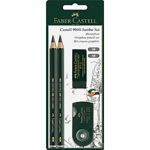 Faber-Castell 9000 Jumbo Graphite Pencil Set - 2 Graphite Sketch Pencils (2B, 4B), Double Hole Pencil Sharpener, Dust Free Art Eraser - Graphite Pencils for Drawing, Sketching and Shading