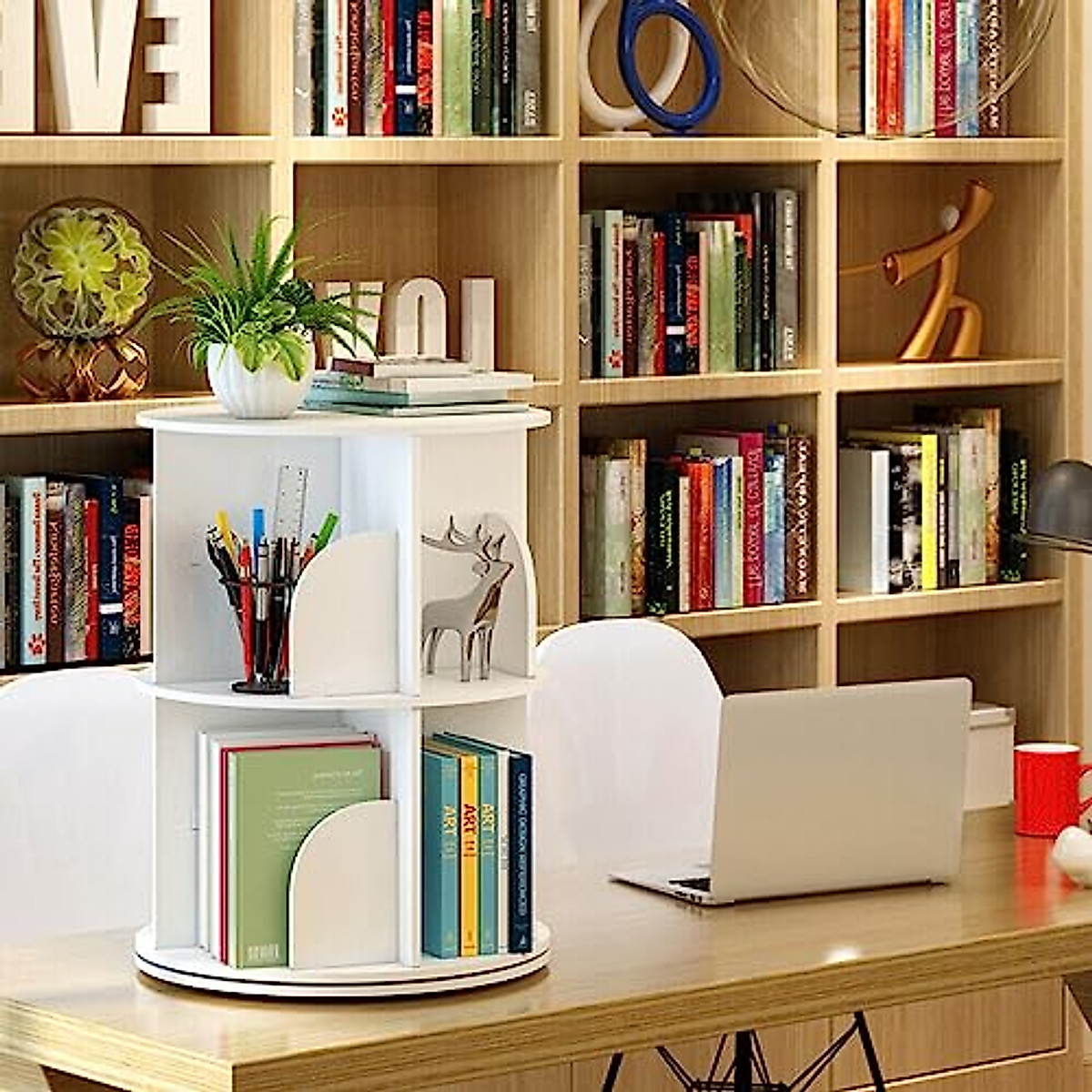 CNCEST 2 Layers 360° Rotating Bookshelves, Open Bookcase Freestanding Storage Shelf Nordic Style Bookshelf Organizer Storage Shelves Shelf Capacity 100k Place Books Small Potted Decorations (White)