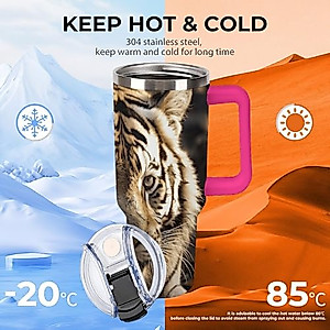 LLUTSNTH 40 Oz Vacuum Tumbler with Light Rose Red Handle Leakproof Insulated Tumbler Animal Tiger Stainless Steel Travel Mug with Lid And Straw Coffee Cup Cute Water Bottles Cup Holder Friendly