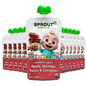 CoComelon Sprout Organic Baby Food Pouches, Apple Oatmeal Raisin with Cinnamon, 3.5 Oz Purees (Pack of 12)