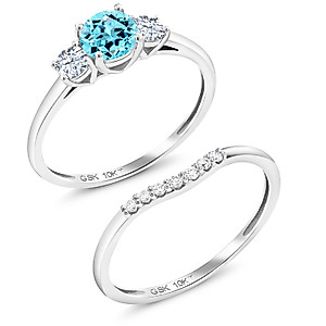 10K White Gold Swiss Blue Topaz and White Created Sapphire and White Lab Grown Diamond 3-Stone Bridal Engagement Wedding Ring Set For Women (0.88 Cttw, Gemstone November Birthstone, Round 5MM, Size 7)