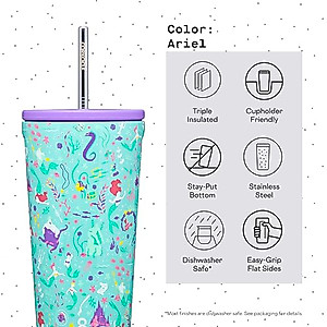 Corkcicle x Disney Princess Ariel Cold Cup Insulated Tumbler with Lid and Straw, 24 oz – Reusable Water Bottle Keeps Beverages Cold 12hrs, Hot 5hrs – Cupholder Friendly, Lid for Flexible Sipping