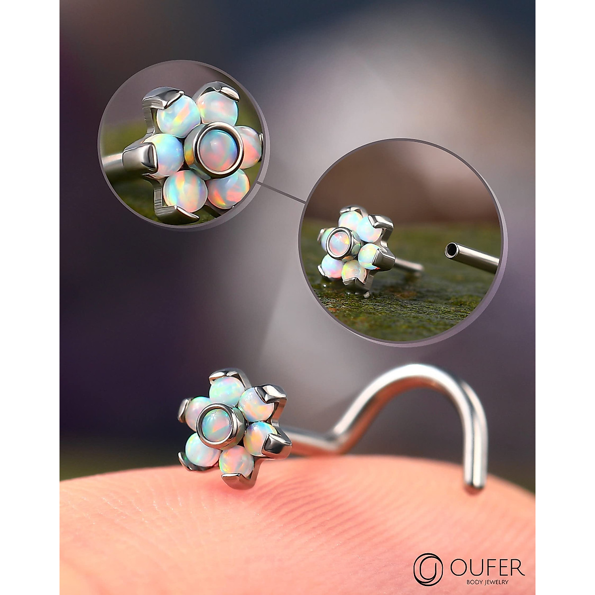 OUFER 20G Nose Studs, Flower Designed White Opal Paved Push-in Nose Rings, G23 Solid Titanium Nose Screw Studs, Nostril Piercing Jewelry for Women and Men