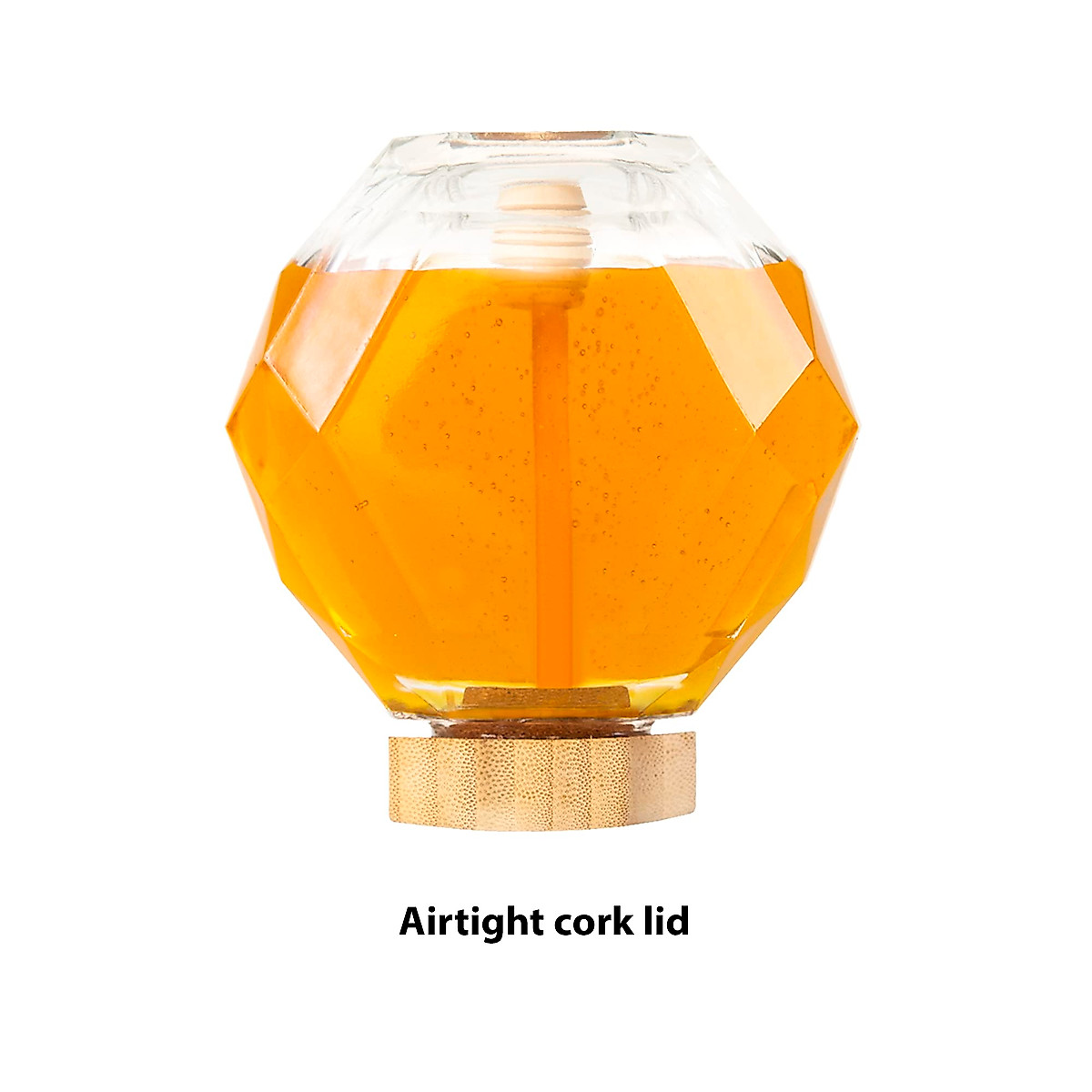 12 Ounce Glass Honey Jars with Dipper,Airtight Hexagonal Lid Glass Honey Jars,Honey Jar with Natural Wood Lid and Dipper Transparent Honey Jar and Honey Stick set with Lid TIMUR HOME KITCHEN (Cork)