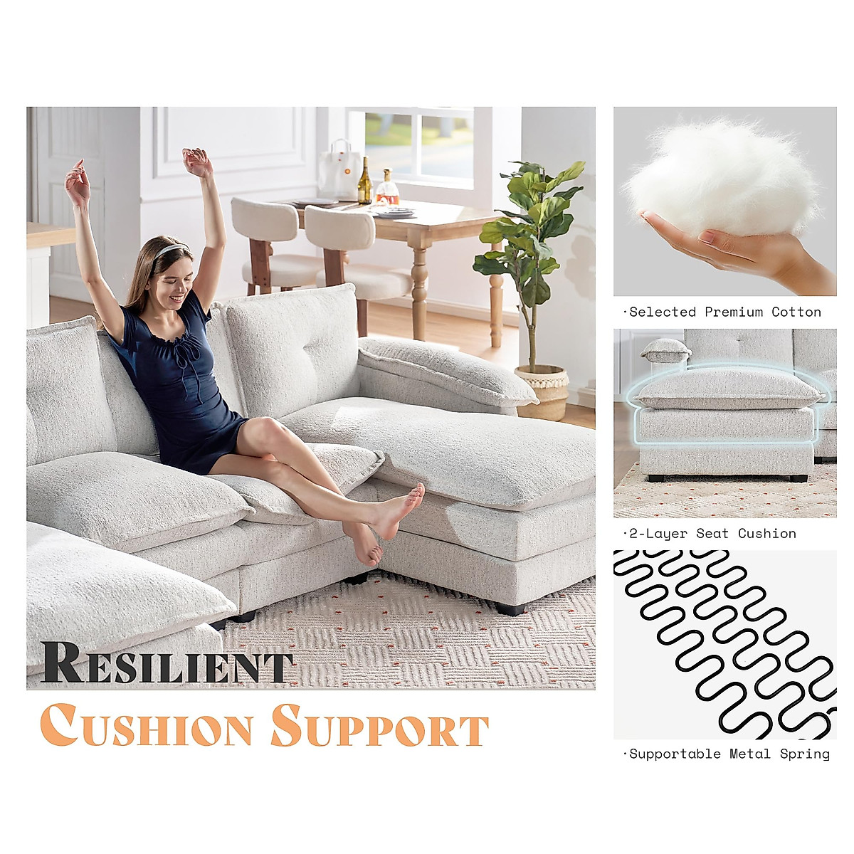 AMERLIFE Modular L Shaped Couch, Oversized Sectional Couch- Double Layer Seat Cushions, 3 Seats Comfy Couches for Living Room, Beige Chenille