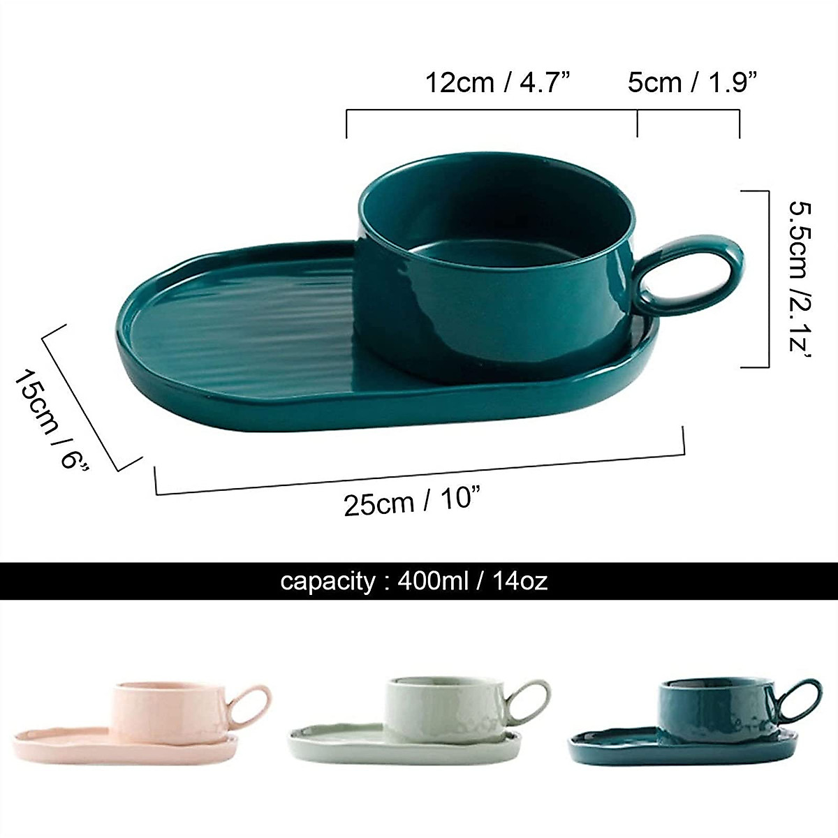 Ceramic Breakfast Bowls Set for Oatmeal, Bread, Soup Bowl and Sandwich Plate, French Onion Soup with Handle, Oven Safe (Color : Dark Green)