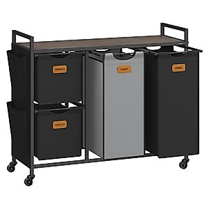 VASAGLE Laundry Hamper with 4 Compartments, 39.6 Gal. (150 L) Laundry Sorter, Rolling Laundry Cart with Shelves, Small Side Pockets, 6 Labels, Chestnut Brown, Ink Black and Dove Gray UBLH203B01