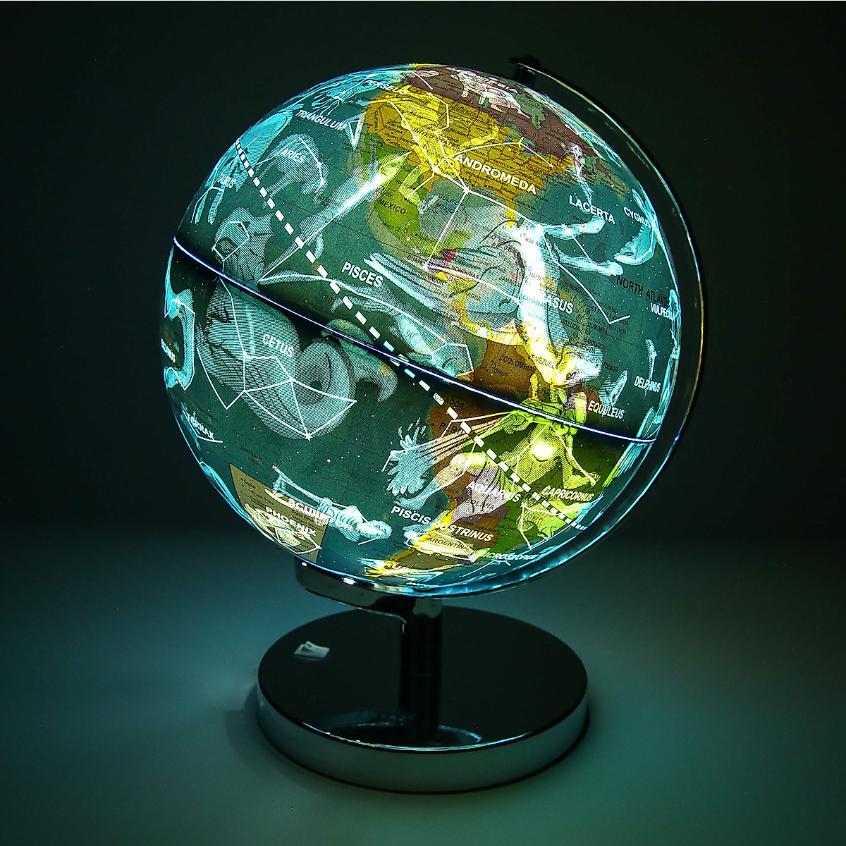 Exerz Illuminated World Globe 9.1-inch Diameter Metal Base - Political Map (Day) Constellation Globe (Night) - 2 in 1 Light up Cable Free LED lamp