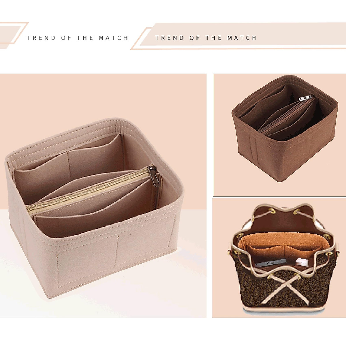 Lckaey Purse Organizer for NOE inner bag NOE BB bucket bag Petit NOE NM storage bag small zipper insert3053khaki-L