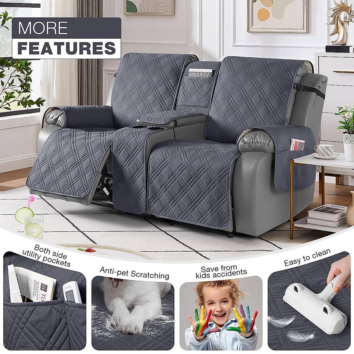 TAOCOCO Loveseat Recliner Cover with Console, Non-Slip Split Reclining Pet Cover for Dual Loveseat Recliner, Furniture Protector with Elastic Straps (2 Seater, Dark Grey)