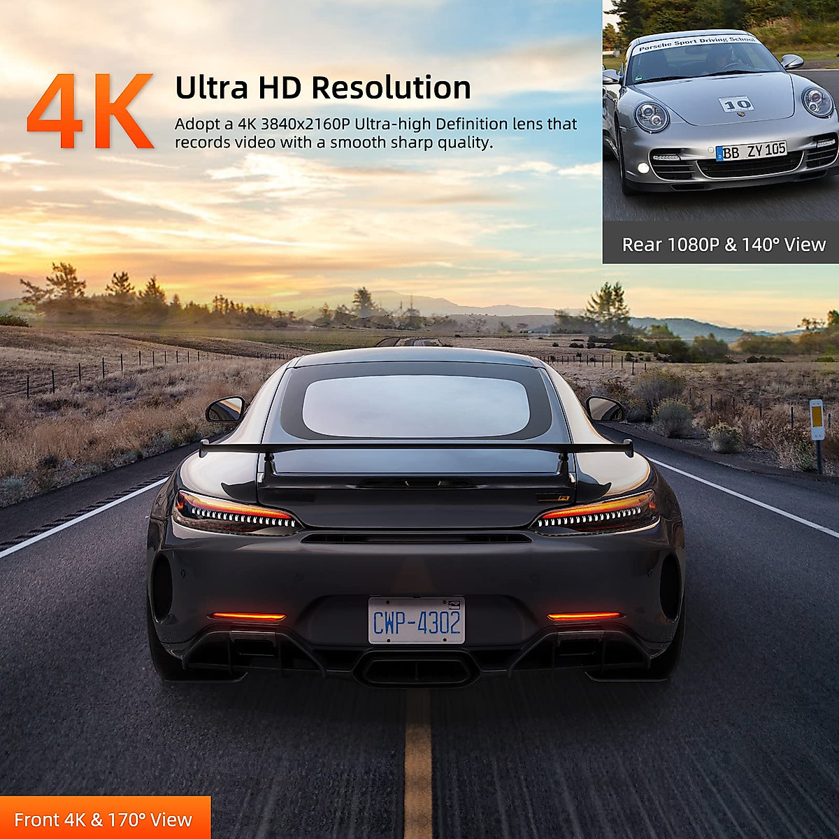 Dash Cam Front and Rear, 4K/2K Full HD Dash Camera for Cars, Built-in WiFi GPS, Free 64GB SD Card, 170° Wide Angle Dashboard Camera Recorder, Night Vision, Voice Notification,WDR, 24H Parking Mode