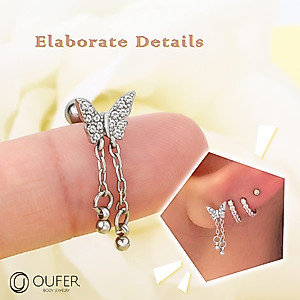 OUFER Butterfly Helix Piercing Jewelry,16G Surgical Steel Cartilage Earrings, Chain dangle Tragus Earrings, Clear CZ Forward Helix jewelry for Women