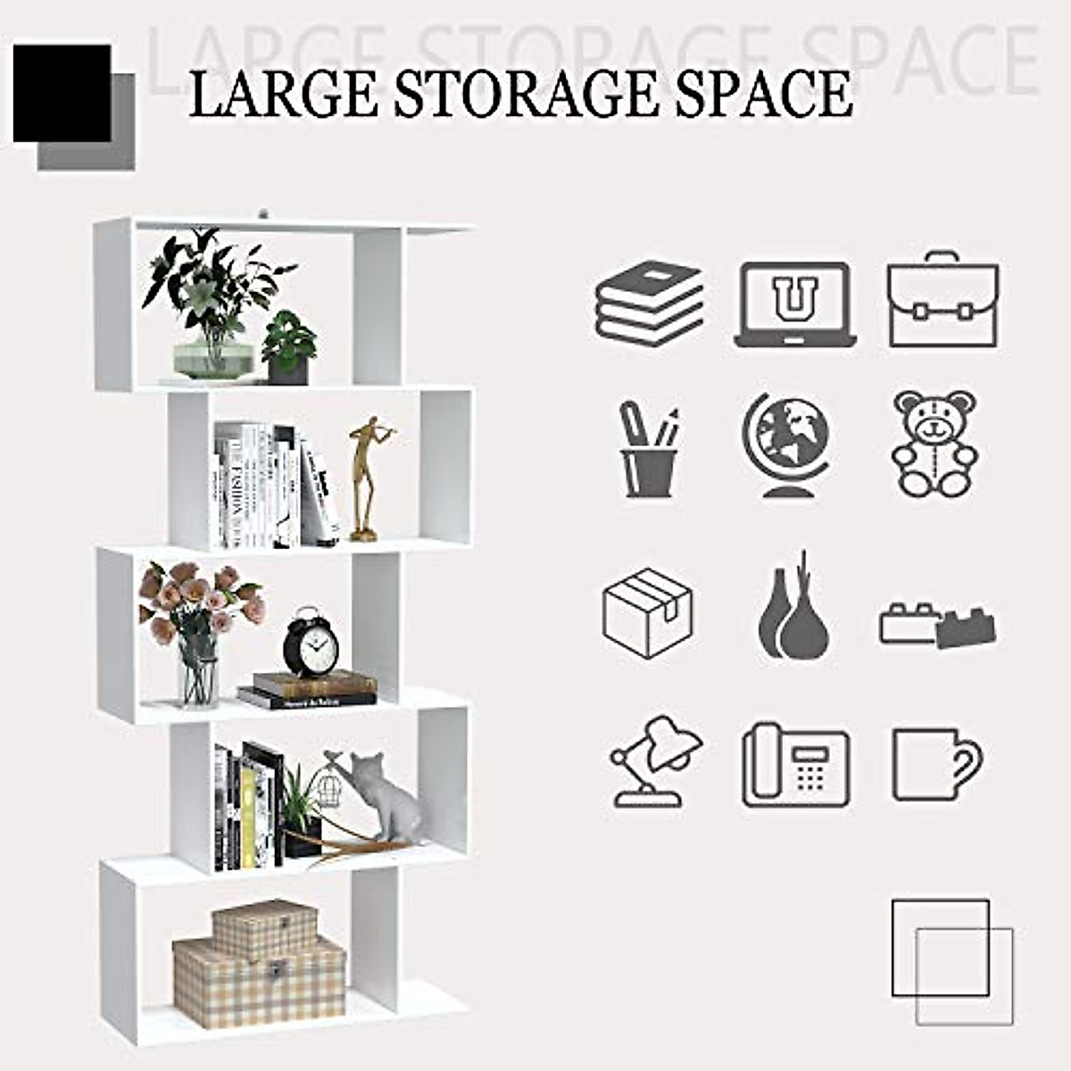 Yusong Bookshelf 5-Tier, Geometric Bookcase S Shaped Book Shelves for Bedroom, Modern Wood Decorative Display Shelf Book Case for Home Office, White