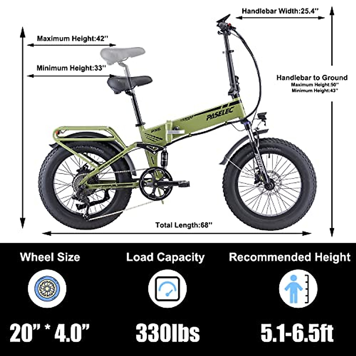 PASELEC Electric Bike Folding Electric Bicycle Mountain Ebike 20 * 4.0 Fat Tire Ebike, 14Ah Removable Battery, Shock Absorption,750w Motor, 3 Gears 8-Speed Disc Brakes, for Adults Men Women (Green)