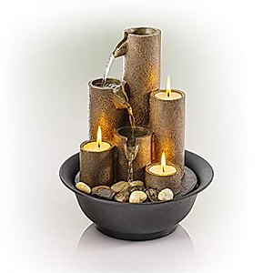 Alpine Corporation Tiered Column Tabletop Fountain with 3 Candles, Mini Waterfall for Indoor Spaces, Relaxation Water Feature, 11" Tall, Brown