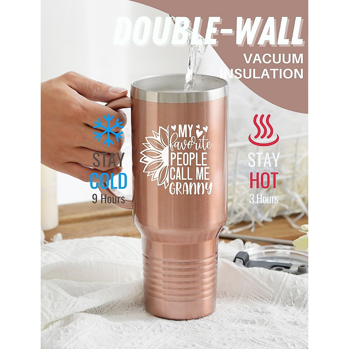 Onebttl Granny Gifts from Granddaughter, Grandson, 40 oz Insulated Stainless Steel Wine Tumbler with Lid and Straw, Gifts for Grandma on Birthday, Christmas, Mother's Day, Rose gold