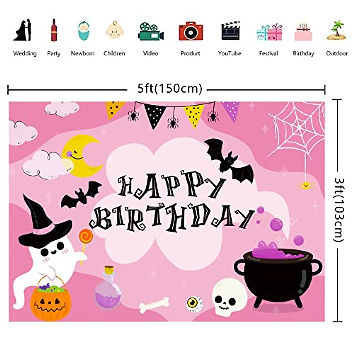 Halloween Birthday Party Decorations with Happy Birthday Halloween Banner, Halloween Birthday Pink Backdrop, Halloween Cake Cupcake Topper and Balloons for Kids Girls Halloween First Birthday