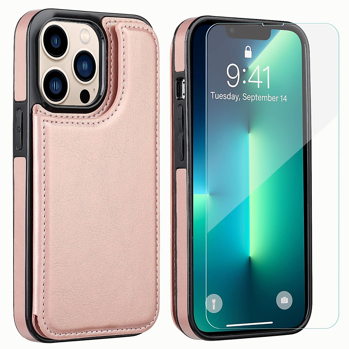 JOYAKI Wallet Case Compatible with iPhone 13 Pro Max,Slim Protective case with Card Holder,PU Leather Kickstand Card Slots Case with a Free Screen Protective Glass for iPhone 13 Promax(6.7")-Rose Gold