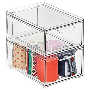 mDesign Stackable Storage Containers Box with 2 Pull-Out Drawers - Stacking Plastic Drawer Bins for Closet Organization, Linen, Coat, Bedroom or Entryway Closets - Lumiere Collection - 2 Pack - Clear