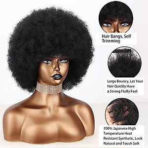 Xinran Short 70s Afro Wigs for Black Women, Large Synthetic Black Short Afro Wig 70's, 8 Inches 60s Afro Wig for Women Bouncy and Soft Natural Looking(Black)