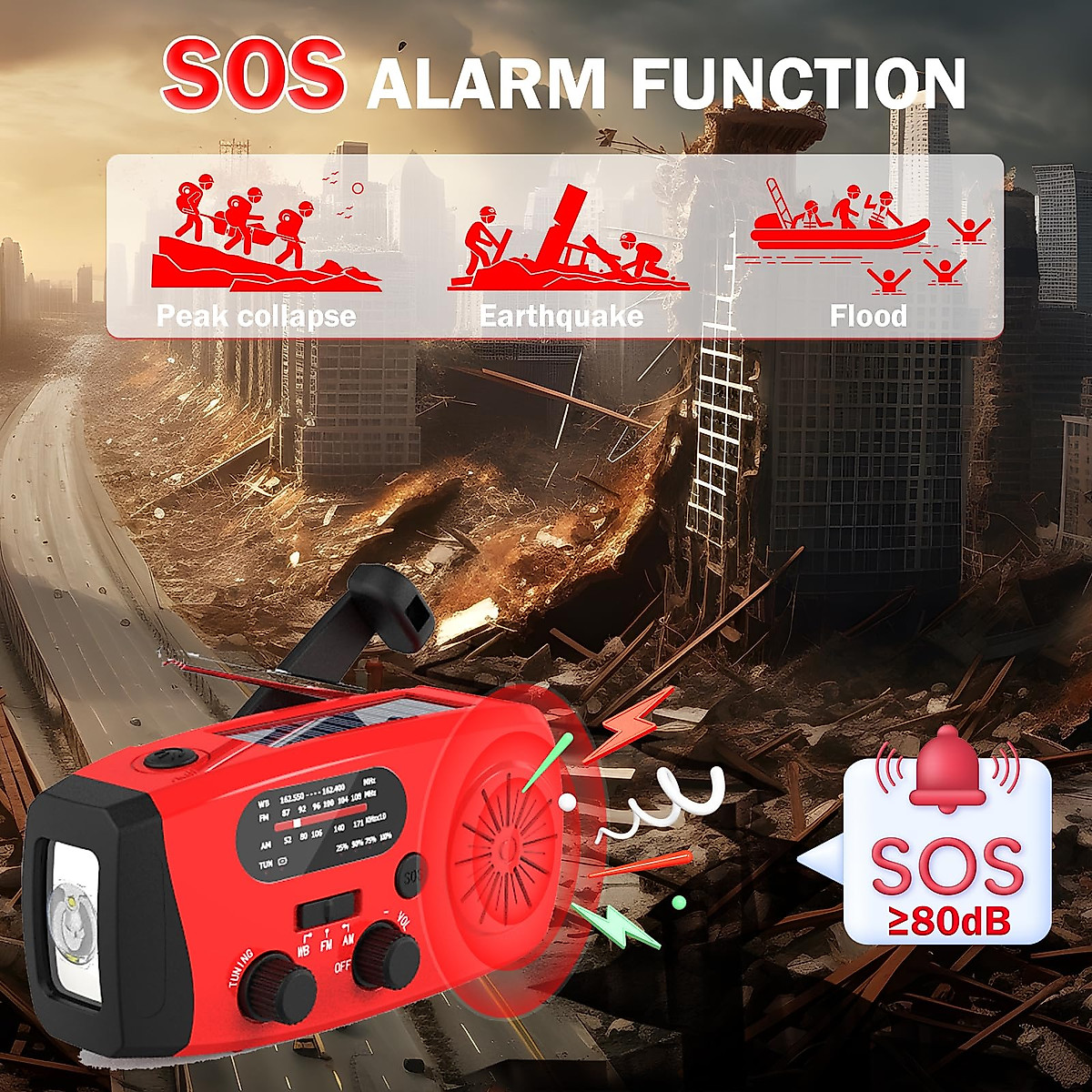 Emergency Hand Crank Radio with 4000mAh Power Bank Phone Charger, USB Charged & Solar Power, AM/FM NOAA Portable Weather Radio with SOS Alarm & LED Flashlight for Emergency, Camping