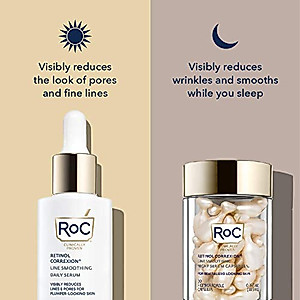 RoC Retinol Correxion Anti-Aging Wrinkle Night Serum, Daily Line Smoothing Skin Care Treatment for Fine Lines, Dark Spots, Post-Acne Scars, 30 Individual Capsules, Unscented, 0.35 Fl Oz