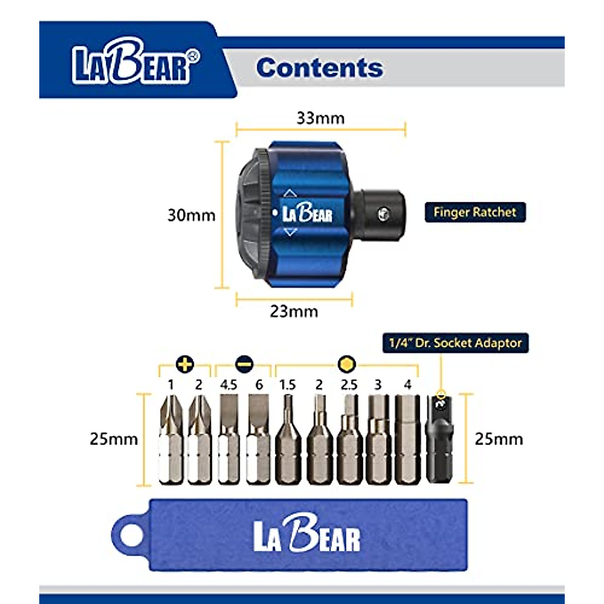 LABEAR 11pcs 1/4" DR Palm Ratchet kit, Mini Ratchet,Finger Ratchet,Gear Ratchet, Screwdriver Bits with Philips,Slotted