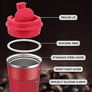 Farruto Travel Mugs - Stainless Steel Reusable Coffee Mugs with Silicone Cup Drag 100% Leakproof 13oz 380ml Travel Mug Car Mugs for Coffee, Milk, Tea etc. (Red)