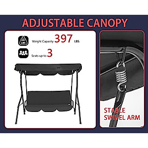 Patio Swing with Canopy Backyard Swing Outdoor Swing Chair with Adjustable Tilt Canopy Removable Cushions Stable Frame Comfortable Armrests for Patio Outdoor Backyard Garden Black