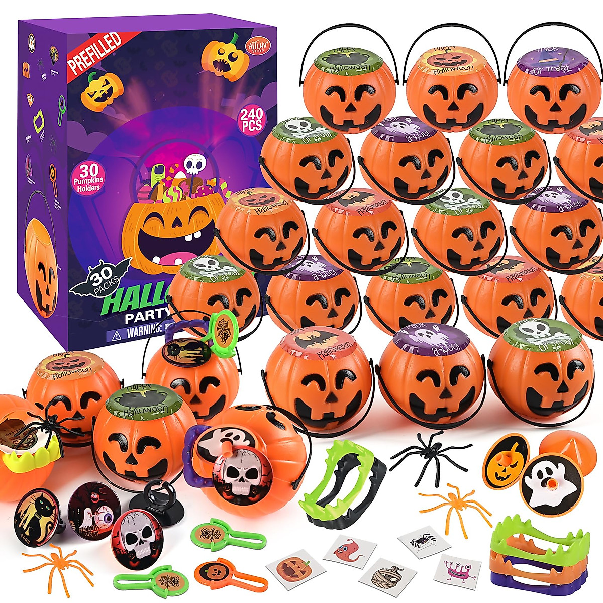 ATFUNSHOP 240PCS Halloween Party Favors 30Packs Prefilled Small Pumpkins With Assorted Halloween Toys In Bulk Trick or Treat Miniatures for Classroom Students Exchange Halloween Carnival Prizes