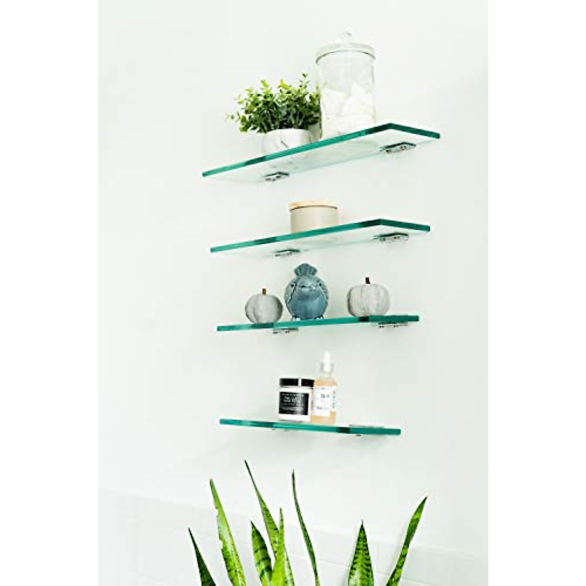 4 piece Floating Glass Shelves with Zinc Alloy Brackets – Bathroom, Office, Kitchen