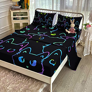 BailiPromise Cute Cartoon Cat Sheets Set Twin Size,Kawaii Simple Strokes Animals Kids Bed Sheets with Pillowcase,Cot Sheets Fitted Sheet with 16" Deep Pocket,for Girls Boys Teen Bedding 4 Piece Set