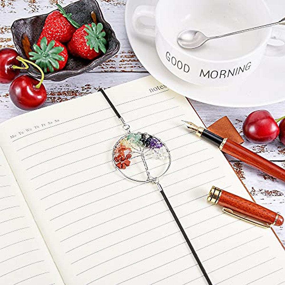 WarmHut 7 Chakra Tree of Life Notebook Elastic Band Bookmarks, Handmade Crystal Lucky Planner Band Book Page Marker for Travel Journals Daily Planner Refills Craft Gift, Set of 2