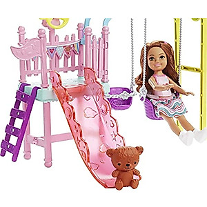 Barbie Club Chelsea Doll and Swing Set Playset with 2 Swings and Slide, Plus Teddy Bear Figure, Gift for 3 to 7 Year Olds