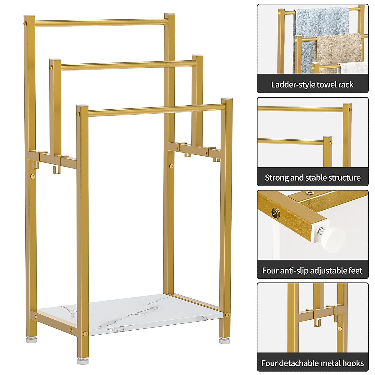 Honiter Towel Racks for Bathroom, 3 Tier Free Standing Towel Rack, Blanket Rack, Metal Towel Holder with Shelf for Bathroom Accessories Organizer for Bath Storage & Hand Towels, Next to Tub or Shower