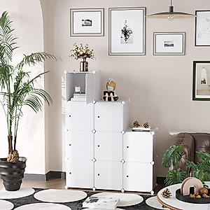 C&AHOME Cube Storage Organizer with Doors, 9-Cube Shelf, Closet Cabinet, DIY Plastic Modular Bookshelf, Storage Shelves Ideal for Bedroom,Living Room,36.6”L x 12.4”W x 36.6”H Milky USHS3009M-DOOR