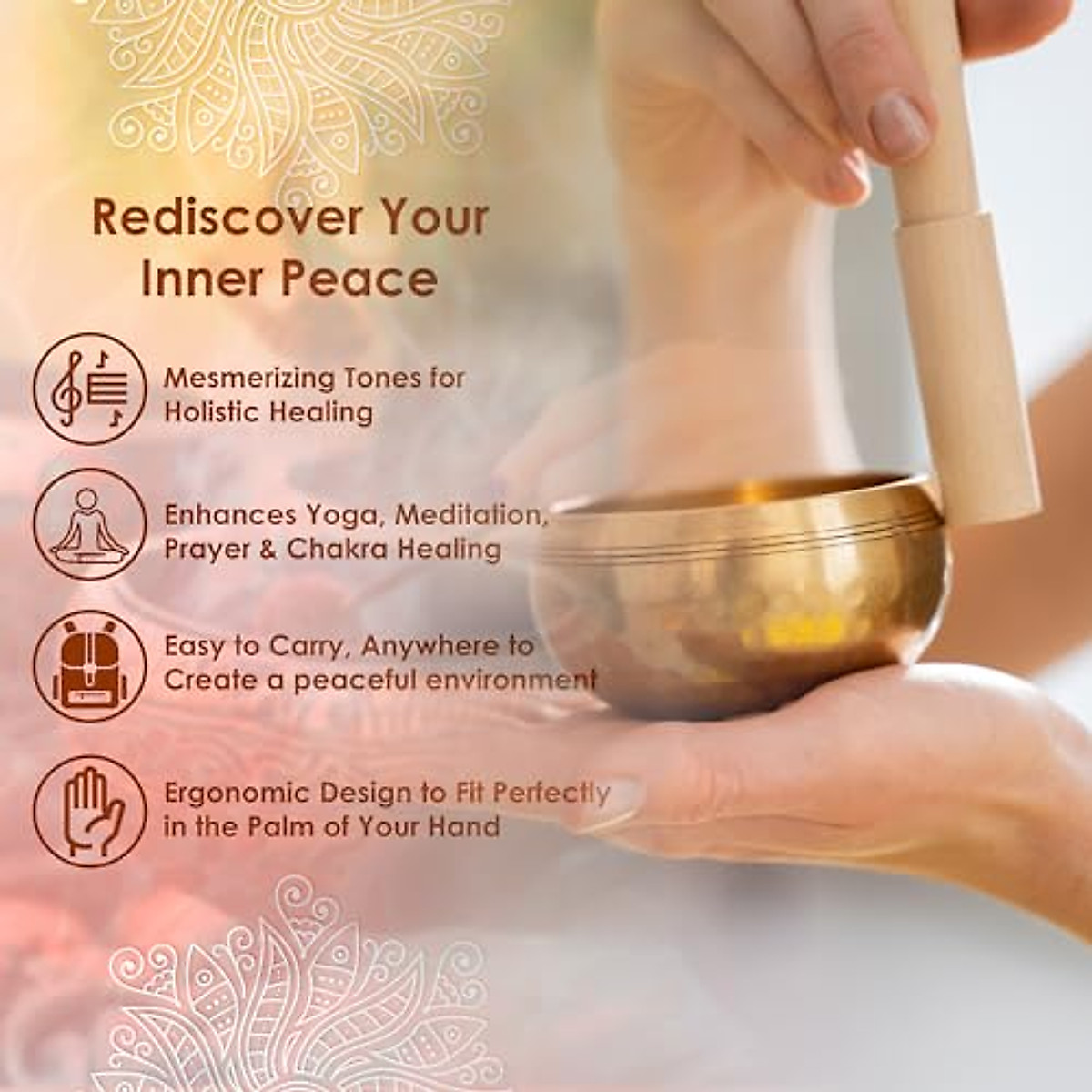 REGIS Tibetan Singing Bowl Set ， Mindfulness, and Stress Relief zen decor，Bowl Handcrafted in Nepal for Healing and Mindfulness (gold, 3 inch)