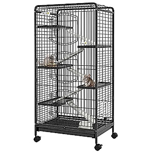 PawHut 6 Level Small Animal Cage for Dwarf Rabbits, Pet Minks, and Chinchillas w/Removable Tray, Ramp, Water Bottle, Food Dish, Small Pet Cage for Indoor Use, Black