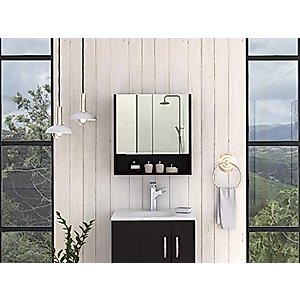 Tuhome Jaspe 24-inch Wide Mirror Cabinet with 3 Internal Shelves, 1 Open Shelf, and Double Door Cabinet, Black Wenge