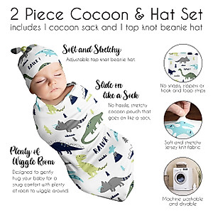 Sweet Jojo Designs Mod Dino Baby Boy Cocoon and Beanie Hat 2pc Set Jersey Stretch Knit Sleeping Bag for Infant Newborn Nursery Sleep Wrap Sack - Blue, Green and Grey Modern Dinosaur