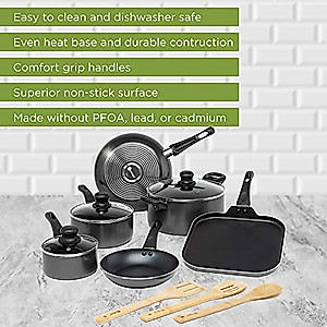Ecolution Easy Clean Nonstick Cookware Set, Dishwasher Safe Kitchen Pots and Pans Set, Comfort Grip Handle, Even Heating, Ultimate Food Release, 12-Piece, Black