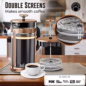 coffee press French Press Coffee Maker with 2 Extra Screens, 34oz, French Press Stainless Steel 304 Grade, Easy Disassemble Design Double Filter, Thick Heat Resistant Glass Pot (Copper)